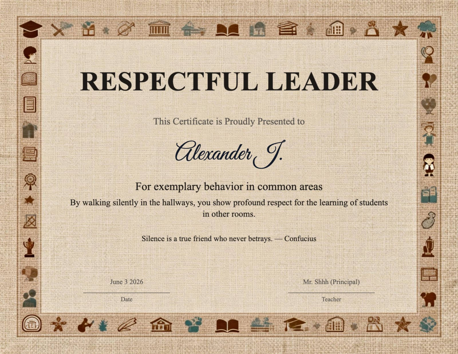 Respectful Leader Certificate with Academic Icons Border — Classroom ...